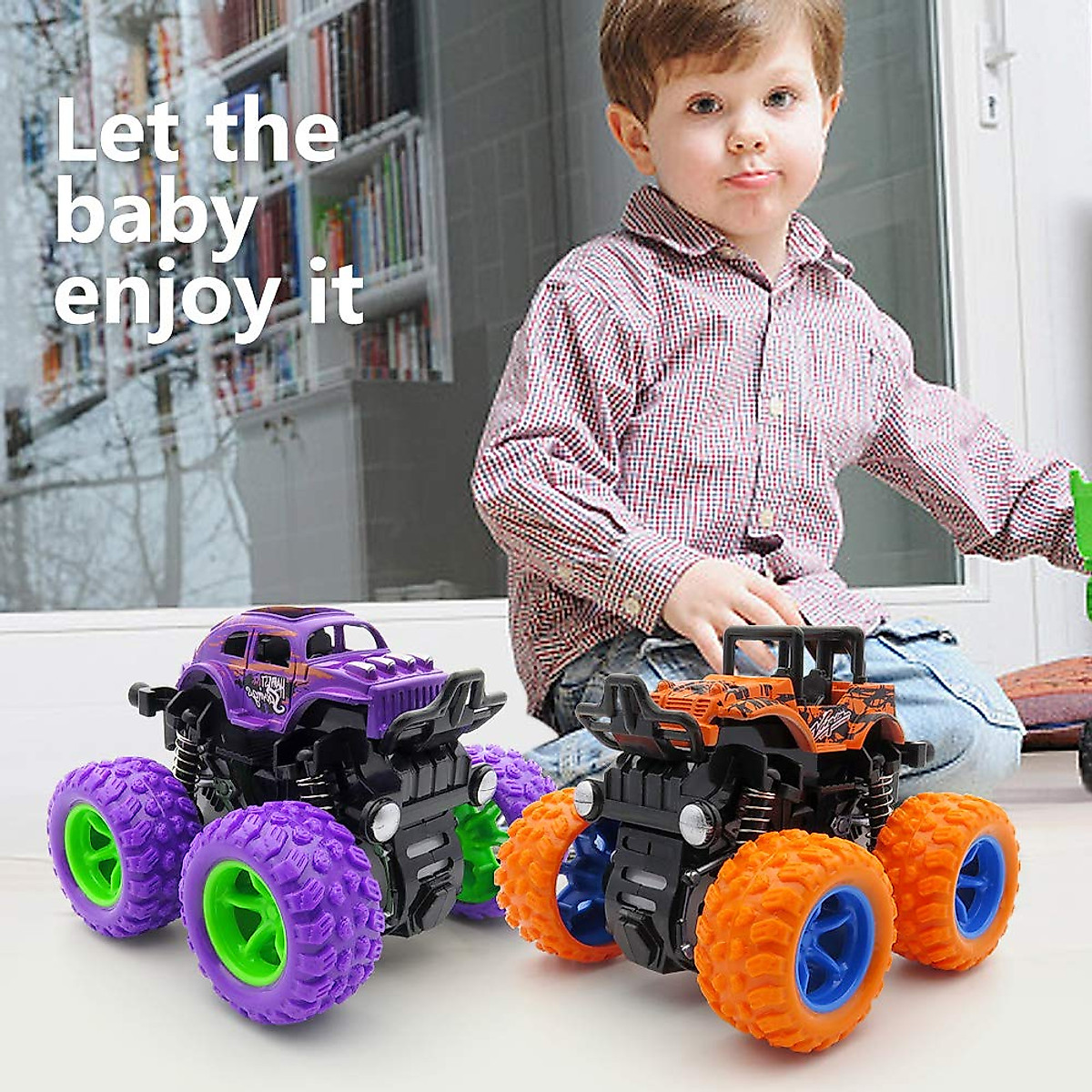 2PCS Monster Trucks Toys for BoysGirls - Friction Cars Monster jam Playset, and Wheels Monster for Kids Age 3 4 5 6 Year Old Gifts for Kids Birthday Christmas (Purple and Orange)