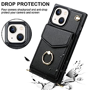 Vofolen Phone Case for iPhone 13 Wallet Cover with Credit Card Holder Lanyard Crossbody Strap Leather Magnetic Clasp 360°Swivel Ring Stand Heavy Duty Protective Square Flip Cover 6.1 inch Black