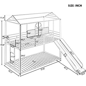 TURRIDU Twin Over Twin Size House Shape Bunk Bed, Modern Metal Housebed with Slide, Metal Slats, Safety Fence and Ladder, Window Pattern Design, Space-Saving, Easy Assembly, (Black with Black Slide)