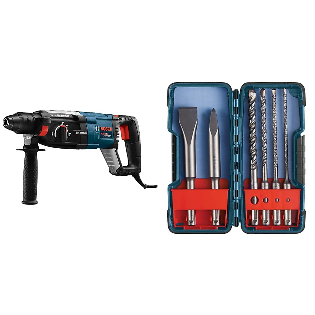 BOSCH GBH2-28L 1-1/8" SDS-plus Bulldog Xtreme Max Rotary Hammer and 6 Piece SDS-plus Masonry Trade Bit Set, Chisels and Carbide, HCST006