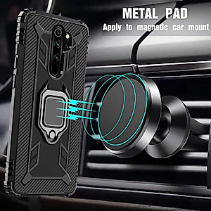 Avesfer for Xiaomi Redmi Note 8 Pro Case with Screen Protector Tempered Glass Ring Holder Kickstand Shock Absorbing TPU Phone Cover Ring Holder Kickstand Scratch Resistant Carbon Fiber (Black)