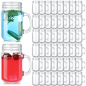 Dandat 50 Pcs 16 oz Glass Mason Drinking Jars Bulk with Handle Mason Jar Cups Mugs No Lids Clear Canning Jars with Handles for Farmhouse Kitchen Beer Cold Beverages Juice Coffee Sodas Cocktails Shakes