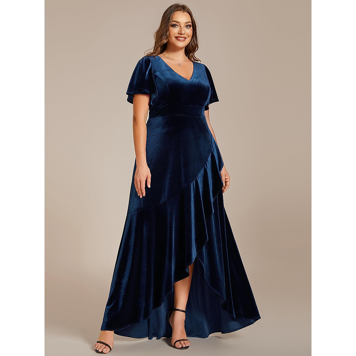 Ever-Pretty Women's V Neck High Waist Velvet Plus Size Mother of The Bride Dress Navy Blue US14