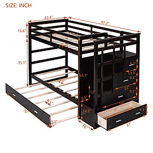 CITYLIGHT Twin Over Twin Bunk Beds with Stairs and Trundle, Bunk Beds with Storage Drawers, Wood Twin Bunk Beds with Trundle and High Length Guardrail for Kids Teens Adults, Espresso