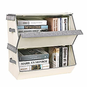 SONGMICS Large Bins with Lids and Handles, Stackable Storage Organizers with Linenette and Oxford Fabric for Clothes and Kid’s Toys, Set of 2, Gray and Beige URLB03GE