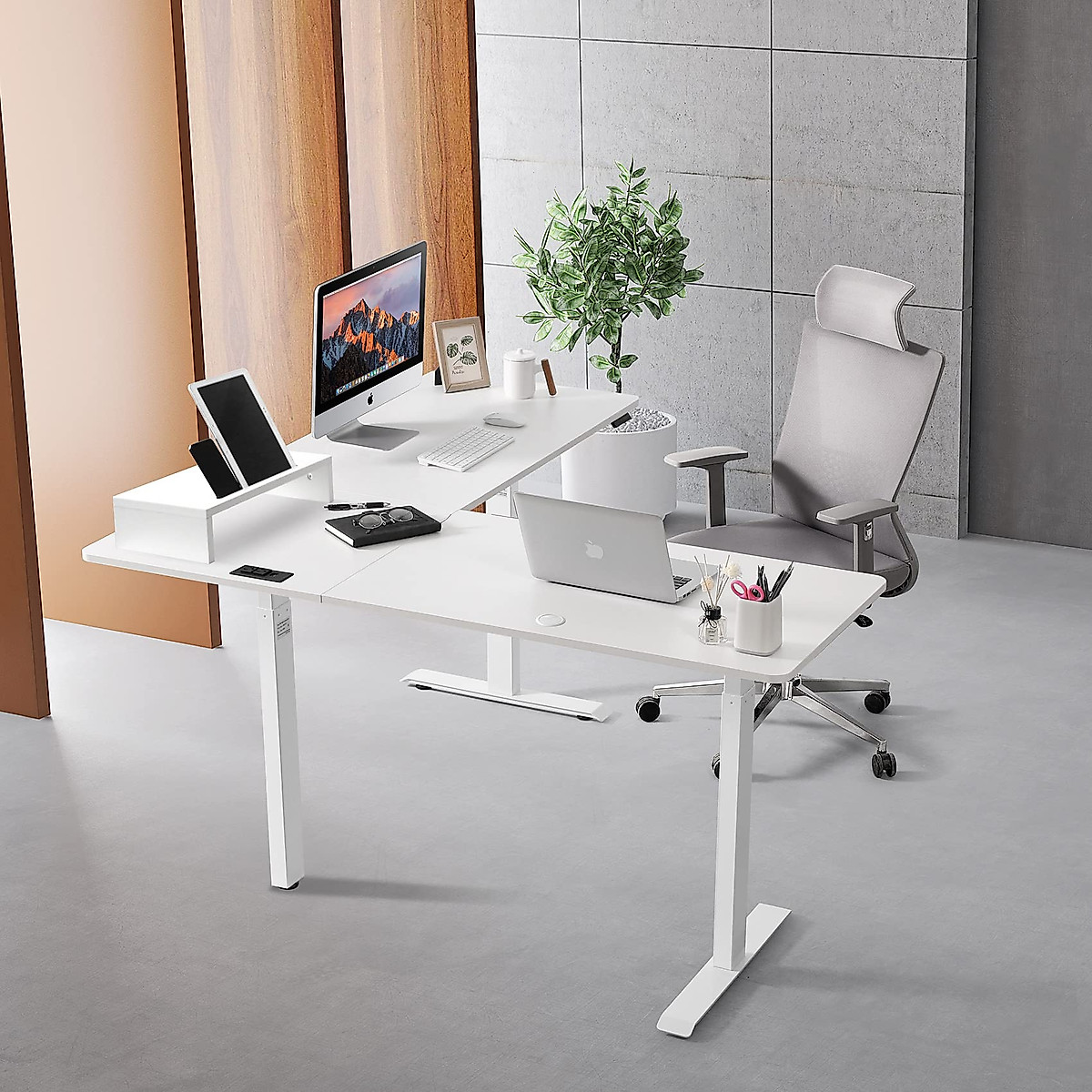 UNICOO L-Shaped Triple Motor Electric Height Adjustable Standing Desk - Gaming & Home Office Corner Desk, with Easy Touch Control & Solid Steel Construction (White Top/White Frame - XOT-L3E-WW)