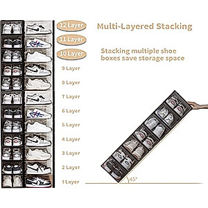 MMBABY 12 Pack Shoe Storage Box Shoe Box Clear Plastic Stackable Shoe Organizer Space Saving Foldable Shoe Container Fit up to US Size 9