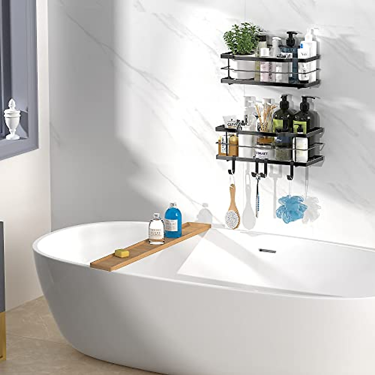 Moforoco Shower Caddy - Adhesive Shower Organizer, Hanging Suction Black Shower Shelves Rack, Inside Shower Rack Holder, Bathroom Decor Organization Storage Accessories, Home Essentials Gadgets