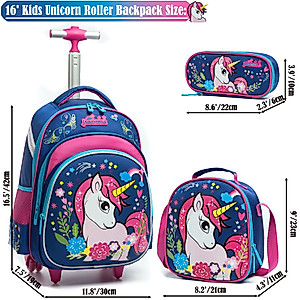Egchescebo School Kids Unicorn Rolling Backpack With Wheels Trolley Wheeled Backpacks Travel Bags 16' 3PCS Girls Backpack With Lunch Box Blue