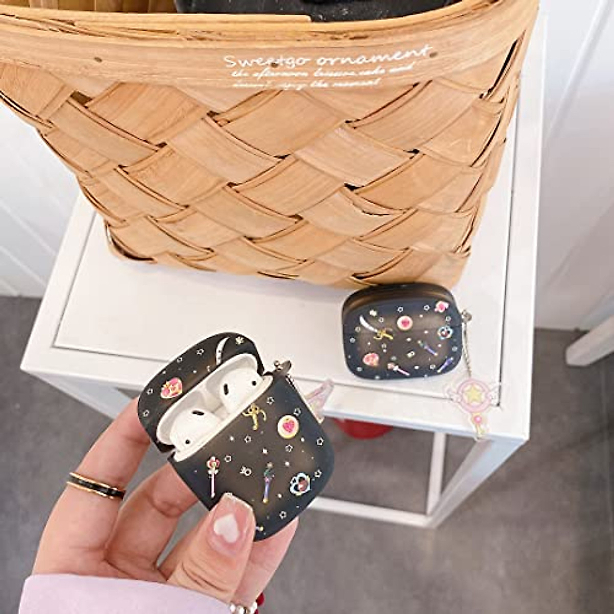 Soft TPU Case with Charm for Apple AirPods 1 2 1st 2nd Generation Sailor Crystal Magical Wand Black Color Japanese Cartoon Anime Cute Lovely Adorable Girls Kids Women