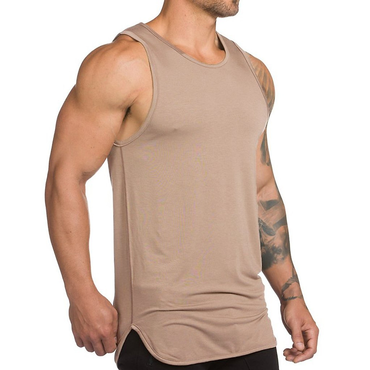 Magiftbox Mens Extended Scoop Workout Stringer Tank Tops Gym Shirts for Men Black/Khaki T05_Khaki_US-M