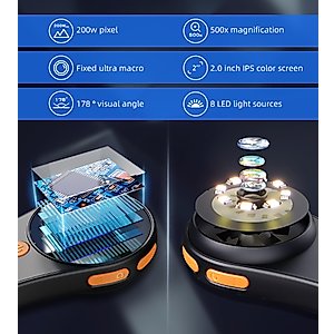 Macro Microscope Digital Fixed Focus 2.0 inch IPS Color Screen, 200w Pixel, 500x Magnification, Portable Handheld Magnifying Glass, Built-in 8LED Lights Compatible with Windows, Mac OS (Black)