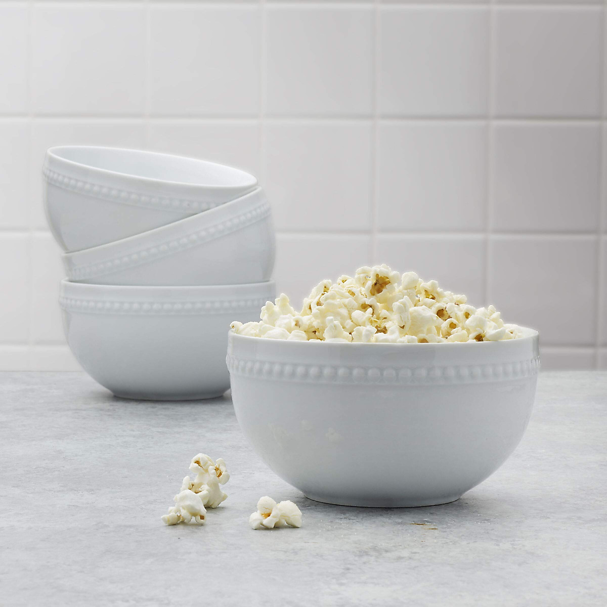 Everyday White by Fitz and Floyd Beaded 26 Ounce Porcelain Soup Cereal Bowls, Set of 4