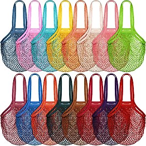 16 Packs Reusable Mesh Grocery Bags Washable Fruit and Vegetable Produce Bag Cotton Mesh Market Bag Long Handle Shopping Bag Large Storage Netted Tote Bag Organizer Shopping Handbag, 16 Colors