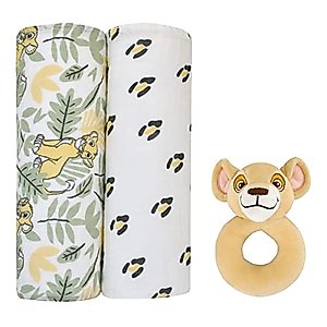 Disney Lion King Simba Yellow, Green, and White 2Pk 100% Cotton 44" x 44" Muslin Swaddles with Plush Rattle
