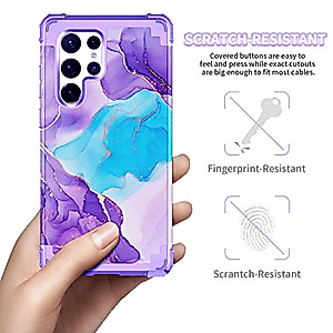 BQQFG for Galalxy S23 Ultra 5G Case,Marble Design Three Layer Heavy Duty Shockproof Hybrid Hard Plastic Bumper Soft Silicone Rubber Drop Protective Cover Case for Galaxy S23 Ultra 5G 6.8",Purple