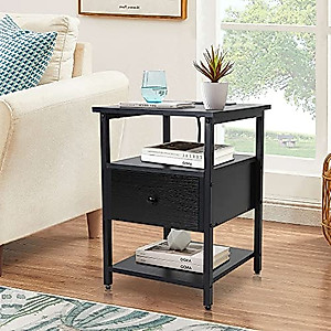 Nightstand with Charging Station and USB Ports, Side End Table with Drawer, Open Shelf, Vintage Rustic Narrow Bedside Tables Night Stand Storage Shelf for Small Spaces, Bedroom, Living Room, Balcony