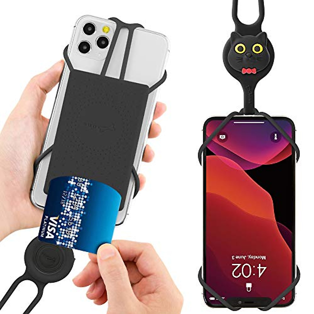 【Bone】 Lanyard Phone Tie 2 with Card Holder, Universal Phone Lanyard Neck Holder, Cell Phone Lanyard w/Card Holder for iPhone 12 11 Pro Max, Galaxy S Pixel, Fits 4 to 6.7"- Miao Cat