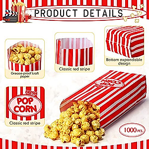1000 Pcs 1 Oz Popcorn Bags Bulk Popcorn Paper Bags Red and White Stripes Retro Popcorn Bags Disposable Popcorn Bags for Party Movie Theater Carnival Festivals Movie Theme Party Supplies
