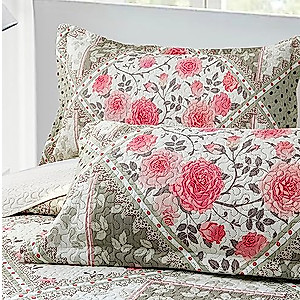 zhuzai 3 Piece Patchwork Quilt Set Full/Queen Size, Green Plaid Floral Bedspread Lightweight Reversible Microfiber Bedding with 2 Shams Shabby Chic Rose Comforter for All Season, 90''x96''