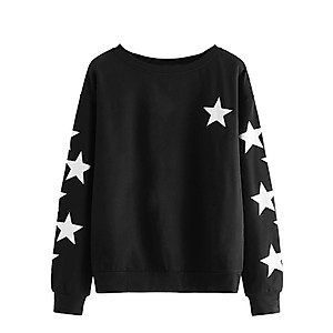 SweatyRocks Women's Long Sleeve Sweatshirt Star Graphic Print Pullover Shirt Top Black Large