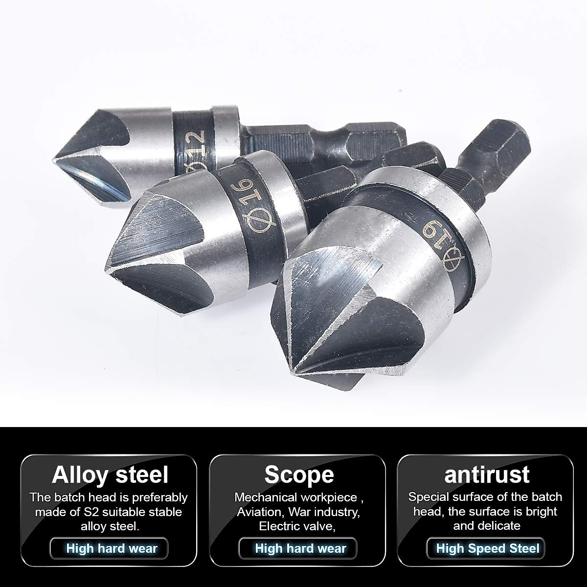 HOHXEN 3Pcs 1/4'' Hex 5 Flute 90 Degree 1/2'' 5/8'' 3/4'' Countersink Drill Bit for Wood Metal Quick Change Set