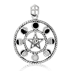 WithLoveSilver Solid 925 Sterling Silver Enamel Moon phase and star Pentacle Pendant
