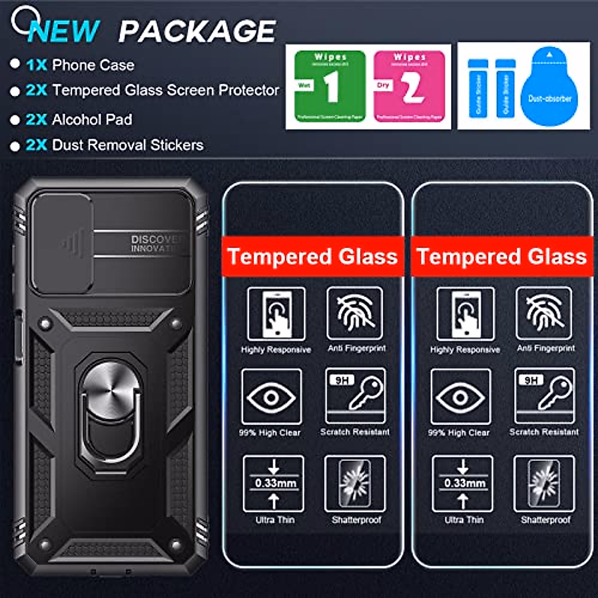 LeYi for Galaxy A13 5G / A04s Case: Slide Camera Cover + [2 Pcs] Tempered Glass, for 360 Military-Grade with Kickstand, Black