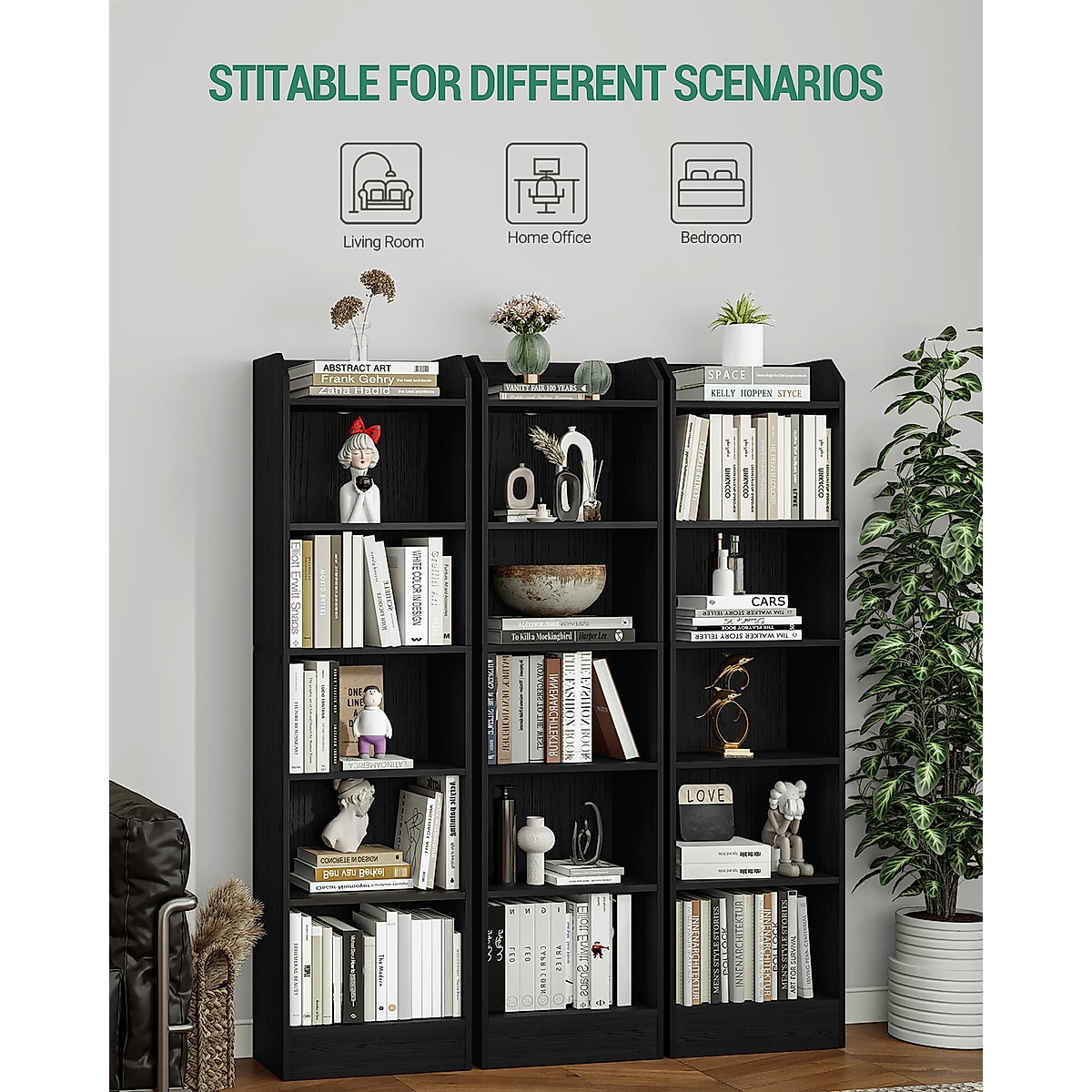 Hzuaneri 6-Tier Bookshelf, 66.7 Inches Floor Standing Bookcase, Display Storage Shelf, Corner Shelf, Home Decor Furniture for Home Office, Living Room, Bedroom, Black 02904XBC