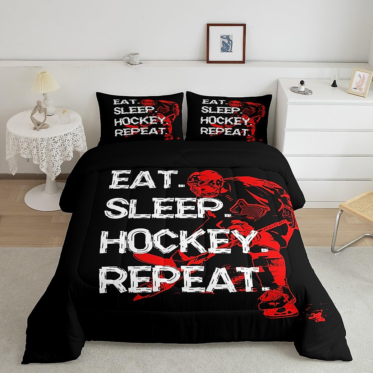 Hockey Comforter Twin for Kids Boys Teens,Black Red Grey Eat Sleep Hockey Bedding Set Warm,Ice Hockey Player Down Comforter Bedroom Decor,Graffiti Winter Sports Game Quilted Duvet with 1 Pillow Sham