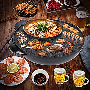 Electric Smokeless Grill and Hot Pot 2 in 1, Multifunctional Round Pot, Hot Pot Plate, Korean Barbecue Electric Smokeless, Non Sticky Pot Black 110v.