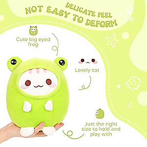 AIXINI Cute Cat Frog Plush Pillow 8" Kitten Frog Stuffed Animal, Soft Kawaii Cat Plushie with Frog Outfit Costume Gift for Kids