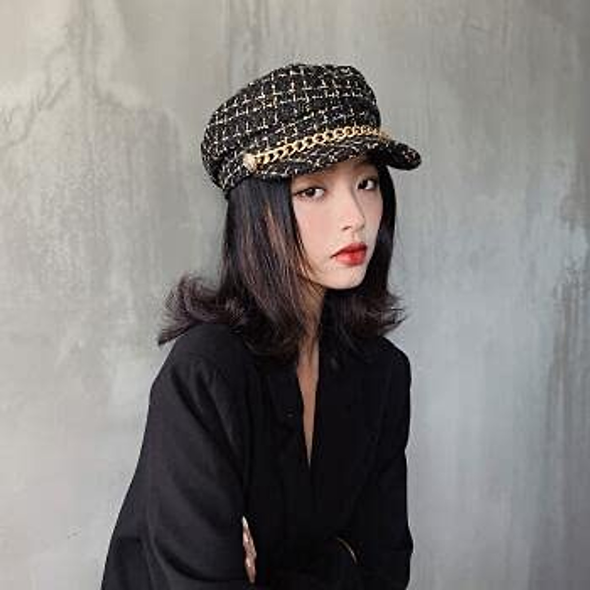 Women Plaid-Tweed Newsboy-Baker-Boy Hat Captain-Sailor Fisherman Hat Peaked-Beret with Chain Black