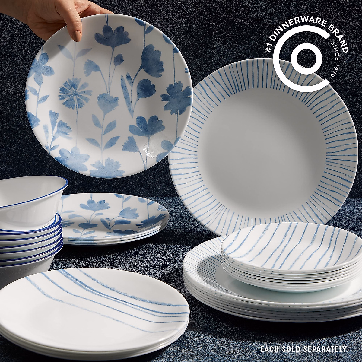 Corelle 18-Piece Dinnerware Set (Service for 6) + Corelle 6-Piece 10.25" Dinner Plates, Vitrelle Triple Layer Glass, Lightweight Round Plates