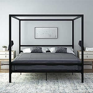 DHP Modern Metal Canopy Platform Bed with Minimalist Headboard and Four Poster Design, Underbed Storage Space, No Box Spring Needed, King, Black