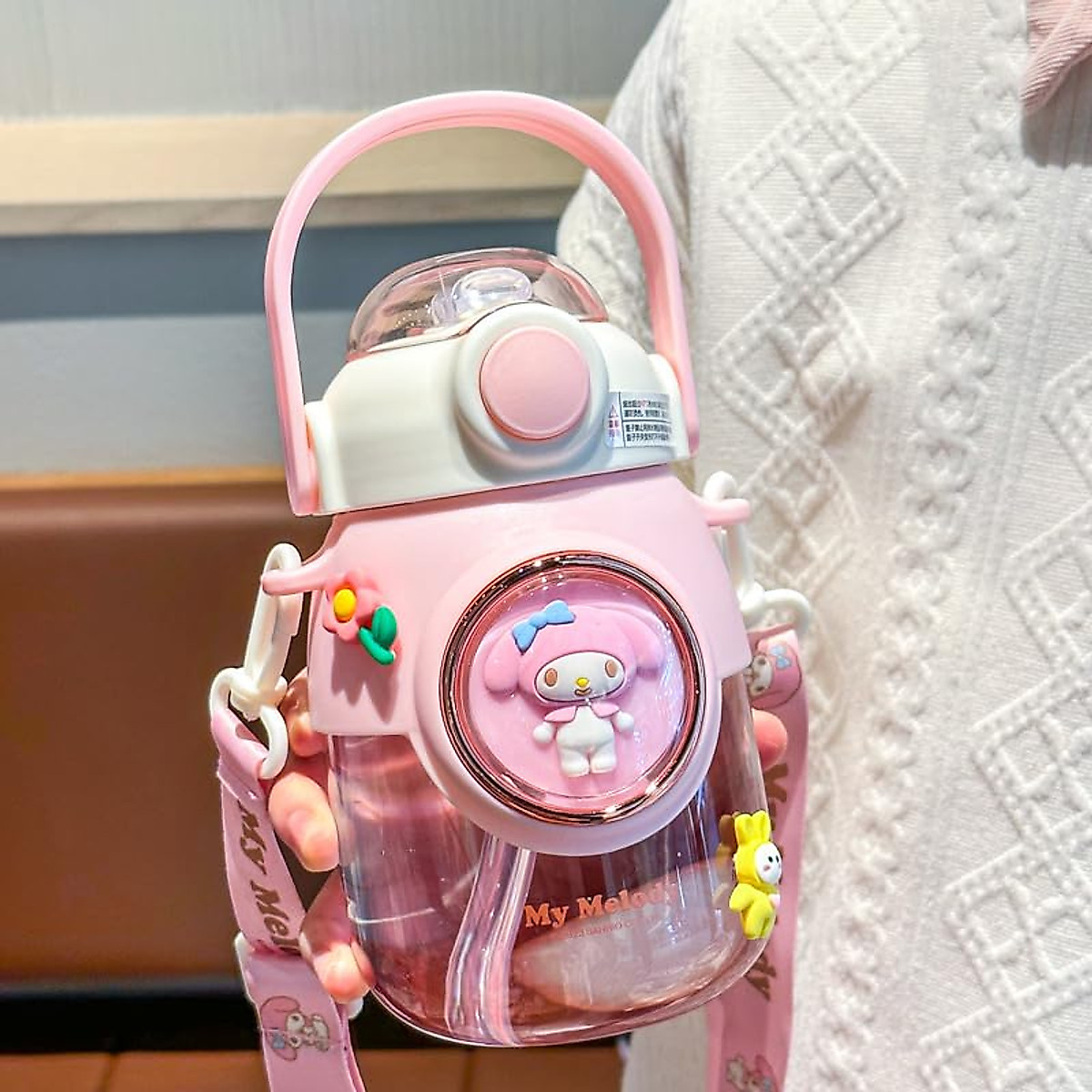 28 oz Kawaii Water Bottle for Girls, Cute Water Bottles with Straw and Shoulder Strap, Large Capacity Portable Summer Leak Proof Water Bottle for Kids,820ML (Blue)