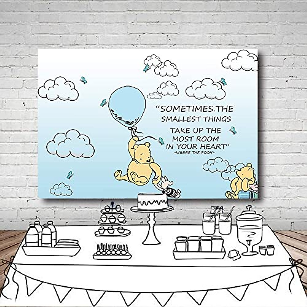 TJ Wininie The Pooh Backdrops Light Blue Hot Air Kids Baby Shower Birthday Party Photography Background White Clounds Butterfly Newborn Photo Studio Booth Props Banner 7x5ft Vinyl