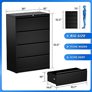 Greenvelly 4 Drawer Lateral File Cabinet with Lock, Locking Filing Cabinet, Metal Steel File Drawers Cabinet for Home Office, Horizontal File Cabinets for Legal/Letter/A4/F4 Size with Hanging Bars&Key