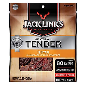 Jack Link’s Extra Tender Beef Jerky Steak Strips, Teriyaki, 2.85 oz – Flavorful Meat Snack, 9g of Protein and 80 Calories, Made with Premium Beef - Gluten Free and No Added MSG or Nitrates/Nitrites