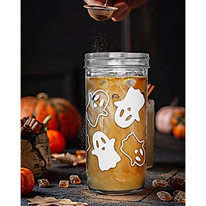 Halloween Cups, Ghost Decor 24oz Halloween Mug Mason Jar Glass Cups with Lids and Straws Ghost Tumblers Coffee Cups Cookie Jar Glasses Halloween Glassware Drinking Glasses Halloween Decorations Indoor