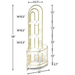 AMZOSS 4-Tier Corner Shelf Stand, Gold and White Corner Shelves Display Shelf Bookshelf Bookcase Modern Marble Multi Unit Organizer for Living Room, Bathroom, Kitchen, 15.3" D x 22" W x 59" H
