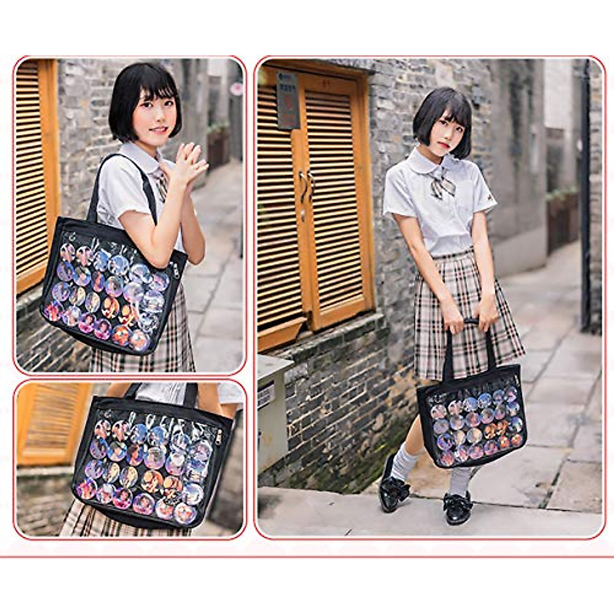 Ita Tote Bag Clear Window for Pins Ita Shoulder Bag Handbag Anime School Bag DIY, Cosplay, Comic Con, Black