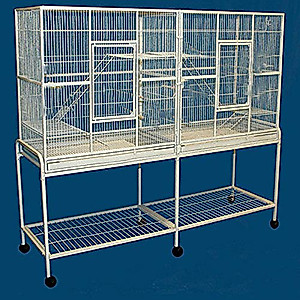 Double Extra Large 3-Tiers Small Animals Critters Wrought Iron Cage Tight 1/2-inch Bar Spacing Center Divider Removable Rolling Stand (63" Lx19 Dx64 H, White Vein)