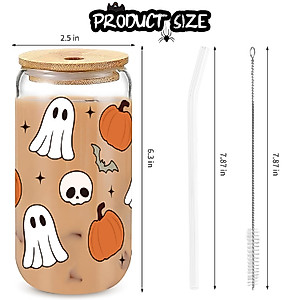 UAREHIBY Halloween Gifts for Women with Ghost,Pumpkins,bats,skulls,18 OZ Halloween Glass Cups with Lids and Straws,Halloween Coffee Cups Tumbler Ghost Mug