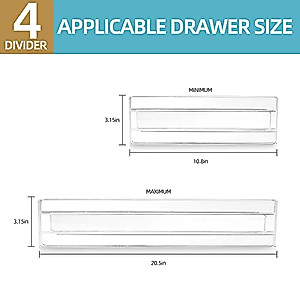 Rumia drawer divider-4 packs ,Expandable 10.5-20.5" Clear Plastic Drawer Organizers for Clothing,Kitchen Utensils，Dresser Storage