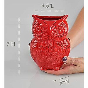 Home-X Ceramic Owl Utensil Holder - Kitchen Organizer, Large Utensil Caddy for Counter, Cooking & Spatula Storage Crock, Farmhouse Decor, Home & Kitchen Accessory, Red