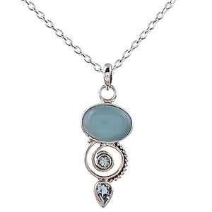 NOVICA Artisan Blue Topaz and Chalcedony Pendant Necklace from India Sterling Silver Birthstone [18 in L 2 mm W Pendant(s) 1.8 in L x 0.7 in W x 0.2 in D] ' Sentimental Journey'