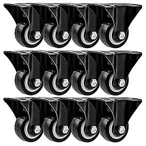 FactorDuty 12 Pack 1.5 inch Caster Wheels Rigid Fixed Stationery Non Swivel All Black Polyurethane Wheels Premium Non Marking No Noise 75lb Per Wheel
