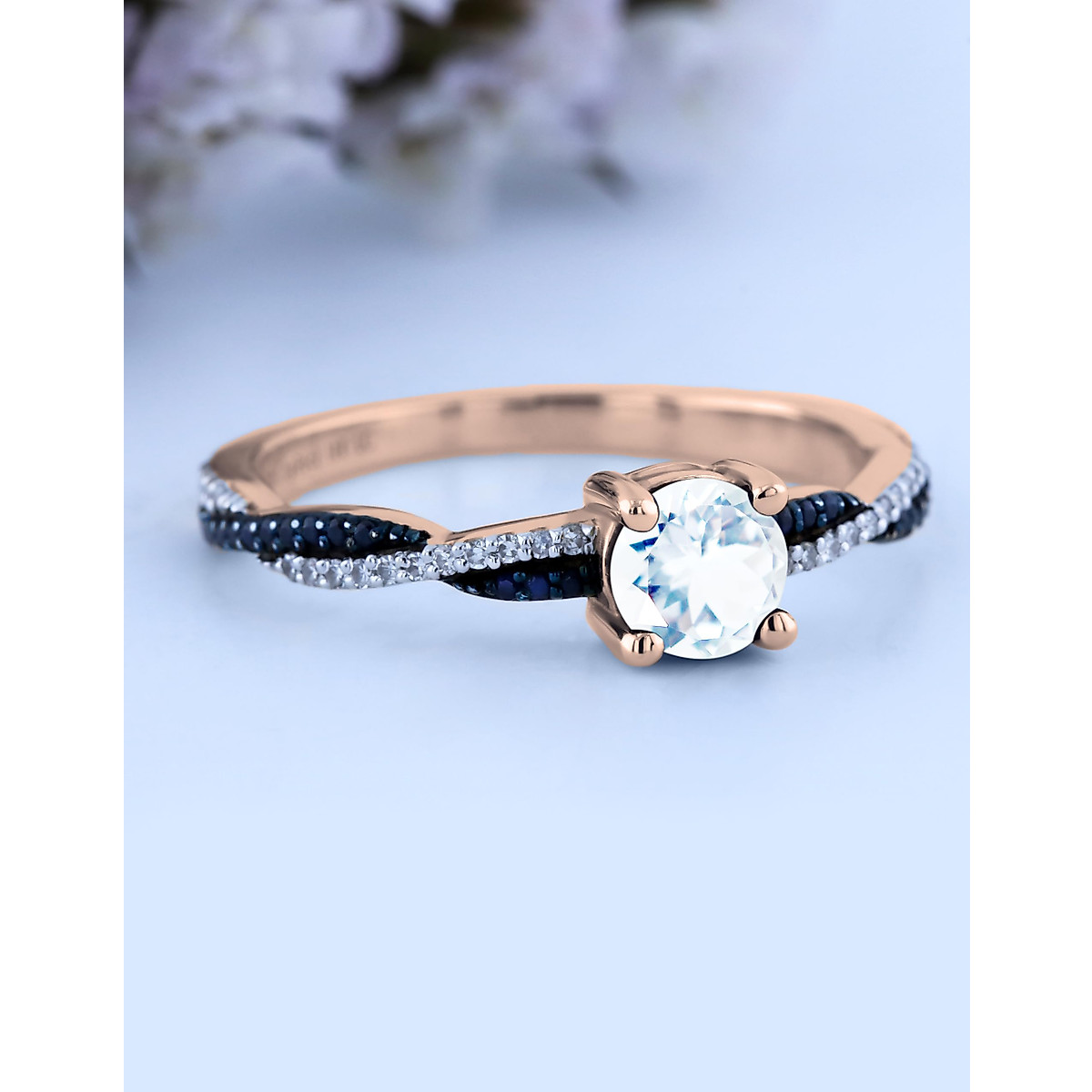 Dazzlingrock Collection 5mm Round Aquamarine with Blue Sapphire & White Diamond Criss Cross Shank Engagement Ring for Her in 10K Rose Gold Size 7