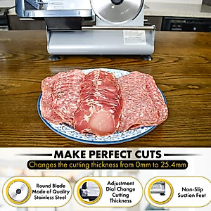 Ecomerr Electric Meat Slicer for Home Use - Automatic Deli Slicer Machine for Cheese, Bread, Vegetables - Round Stainless-Steel Blade, Adjustable Cutting Thickness - Kitchen Food Preparation Equipment
